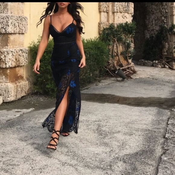 bebe | Dresses | Bebe Blue Floral Design Embroideredlace Long Dress ...